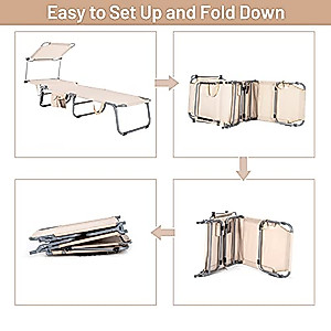 Giantex Outdoor Folding Chaise Lounge, Portable Reclining Chair with 5 Adjustable Positions, 360°Rotatable Canopy Shade, Side Pocket, Patio Lounge Chair for Beach, Lawn Sunbathing Chair (1, Beige)