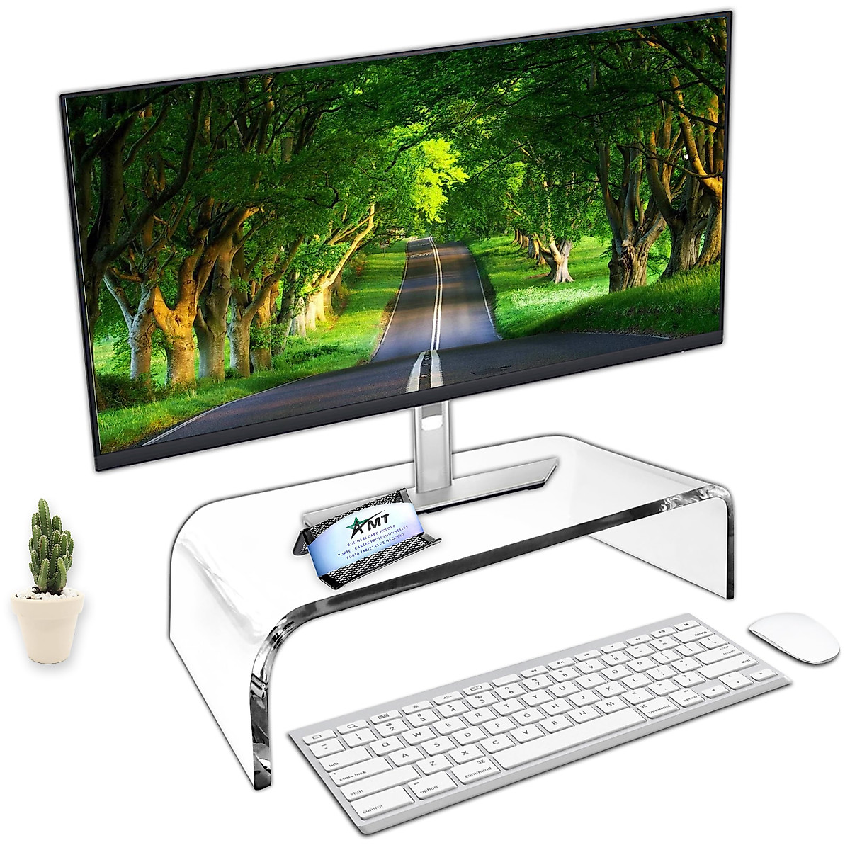 AMT Acrylic Laptop Monitor Stand & Computer Riser with Cat Keyboard Protector, Space-Saving Design, Extra Storage, Clear Shelf - Ideal for Monitors, Laptops, Printers, Desktop Decor