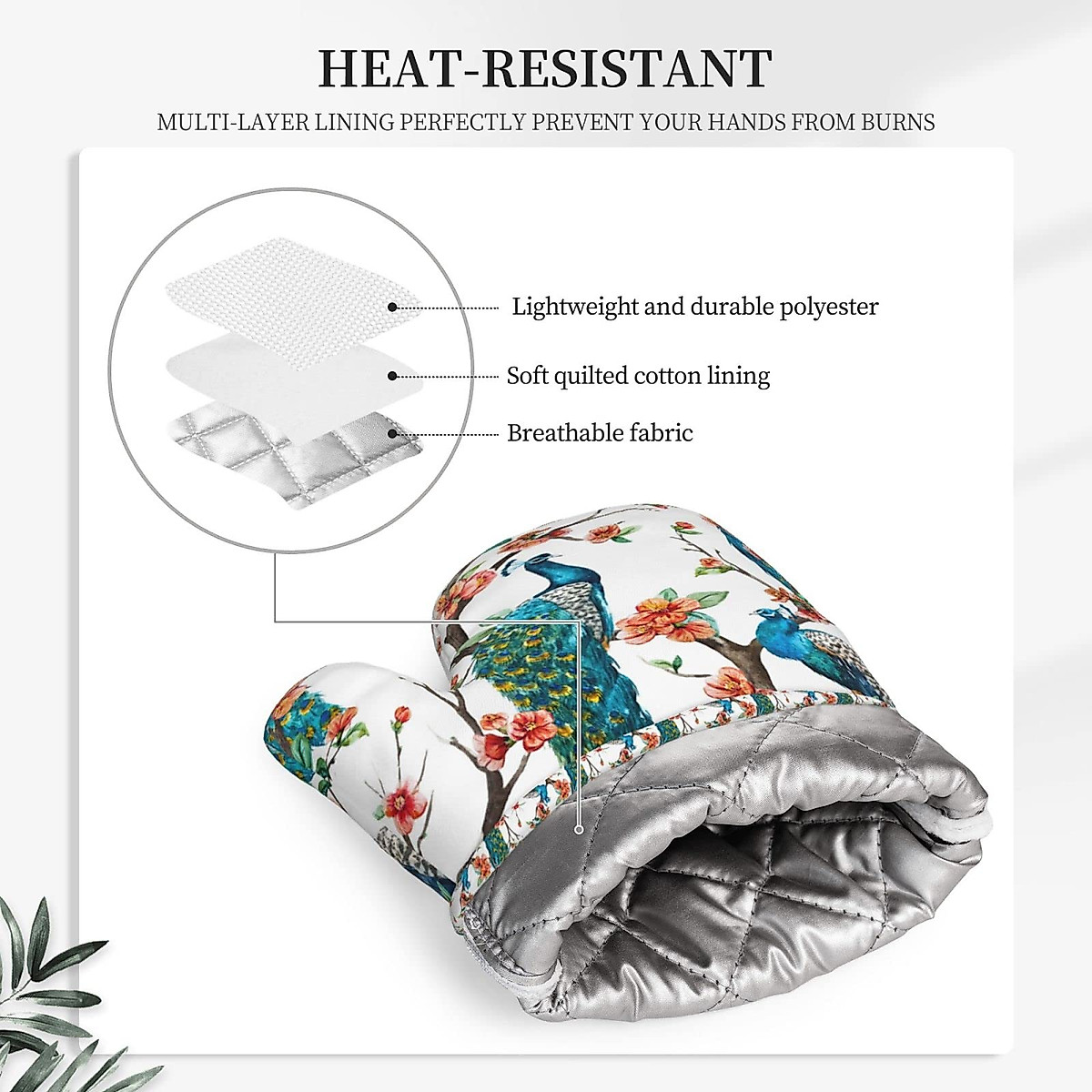 Oven Mitts Heat Resistant Silicone and Polyester Peacock On Flowering Tree Cherry Print Kitchen Mitts Thick Oven Gloves for Cooking, BBQ, Baking, Grill, Pizza Pair