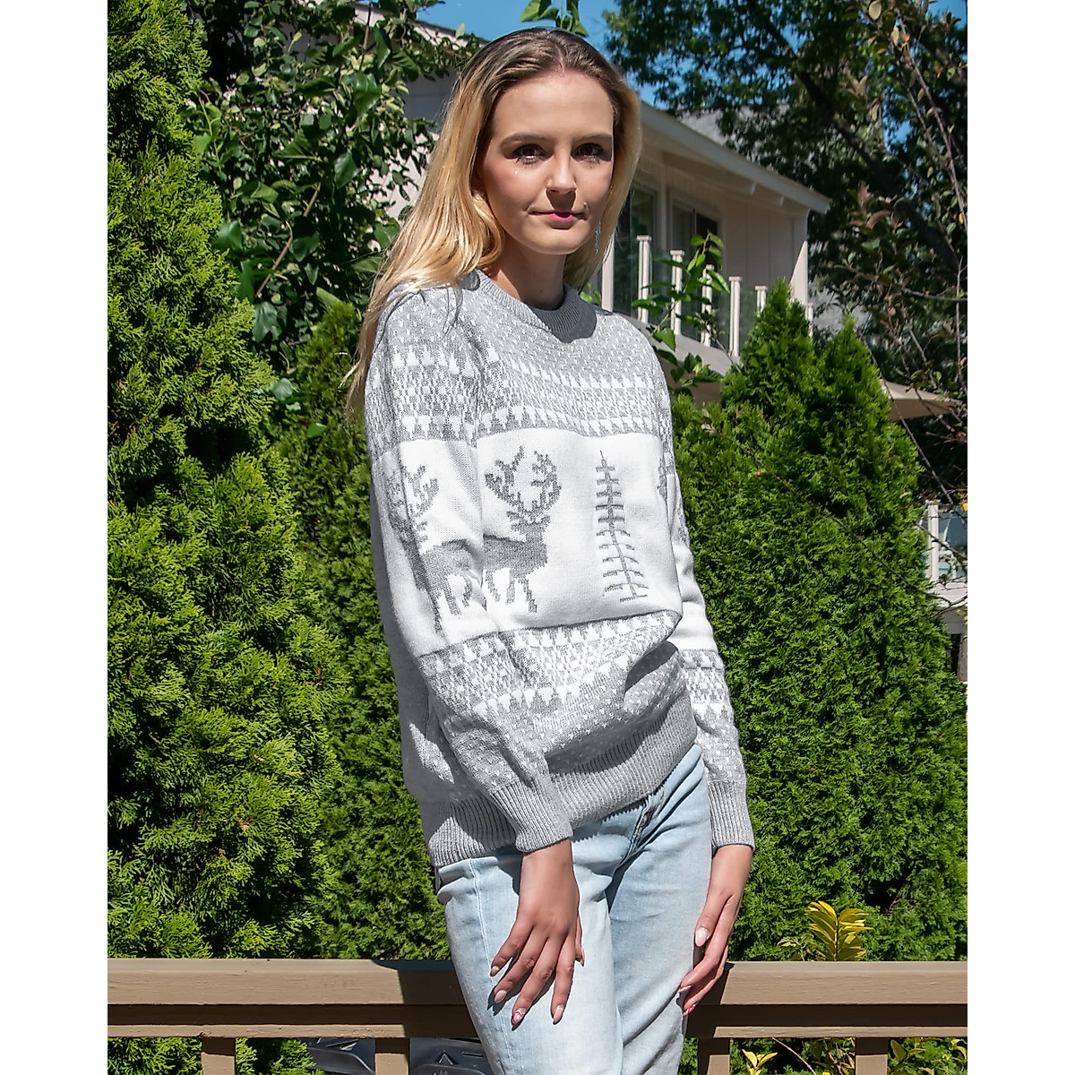 LookbookStore Women's Grey Long Sleeves Ugly Christmas Tree Reindeer Winter Holiday Knit Sweater Pullover Size S 4 6