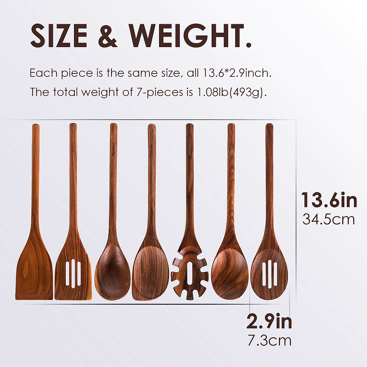 Black Walnut Kitchen Utensils Set - 7 Pcs Dark Wooden Cooking Utensils, 13.6” Long Handle Natural Walnut Wood Flat Spatula, Slotted Turner, Soup Ladle, Skimmer, Pasta Server, Corner Spoons for Cooking