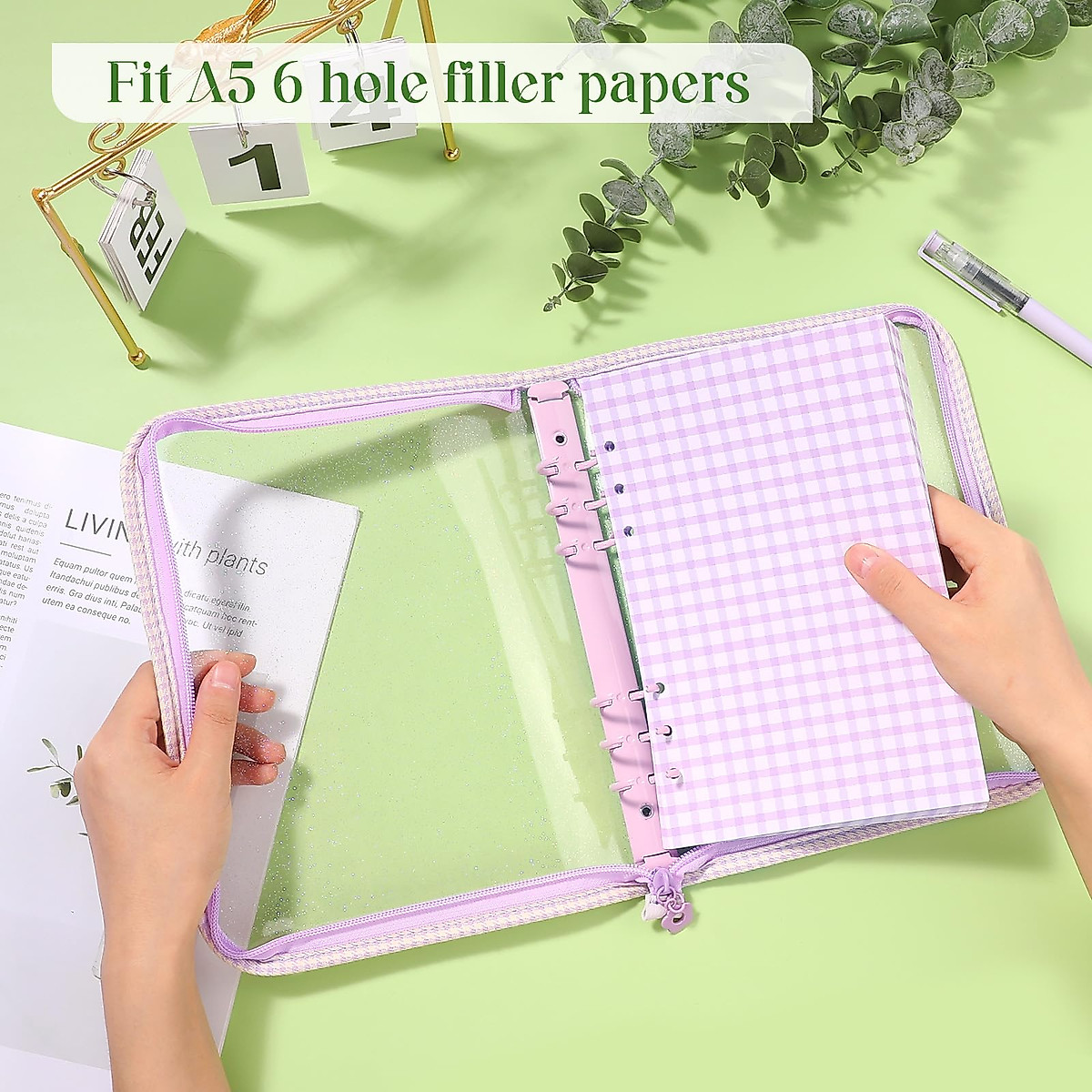 NEWEST A5 Notebook Binder Cover with Zipper, Plaid Pattern 6 Ring Refillable Planner Binder Shell, Clear Glitter PVC Loose Leaf Binder Wallet for Journal Album Diary Budget Folder DIY Cover, Purple
