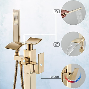 Gmusre Brushed Gold Floor Mounted Waterfall Tub Filler Freestanding Bathtub Faucet Brass Bathroom Single Handle with Shower Hand Spray and 360 Degree Swivel Spout