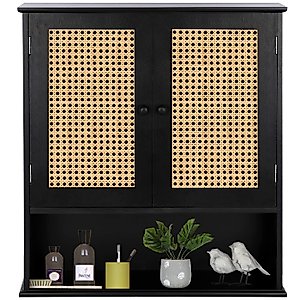 Bathroom Medicine Cabinet Wall Mounted,Black Rattan Storage Cabinet,Towel Cabinet for Bathroom Storage Over the Toilet,Floating Cabinet for Small Spaces,Hanging Cabinet for Kitchen Laundry Living Room