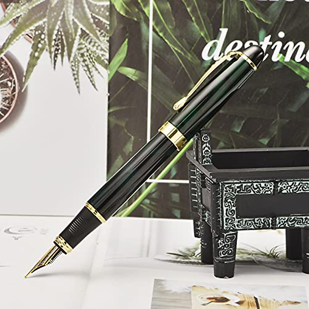 Jinhao X450 Fountain Pen Green Marble Medium Nib Size with Ink Refill Converter for Bottle Ink,Business Signature & Smooth handwriting pens