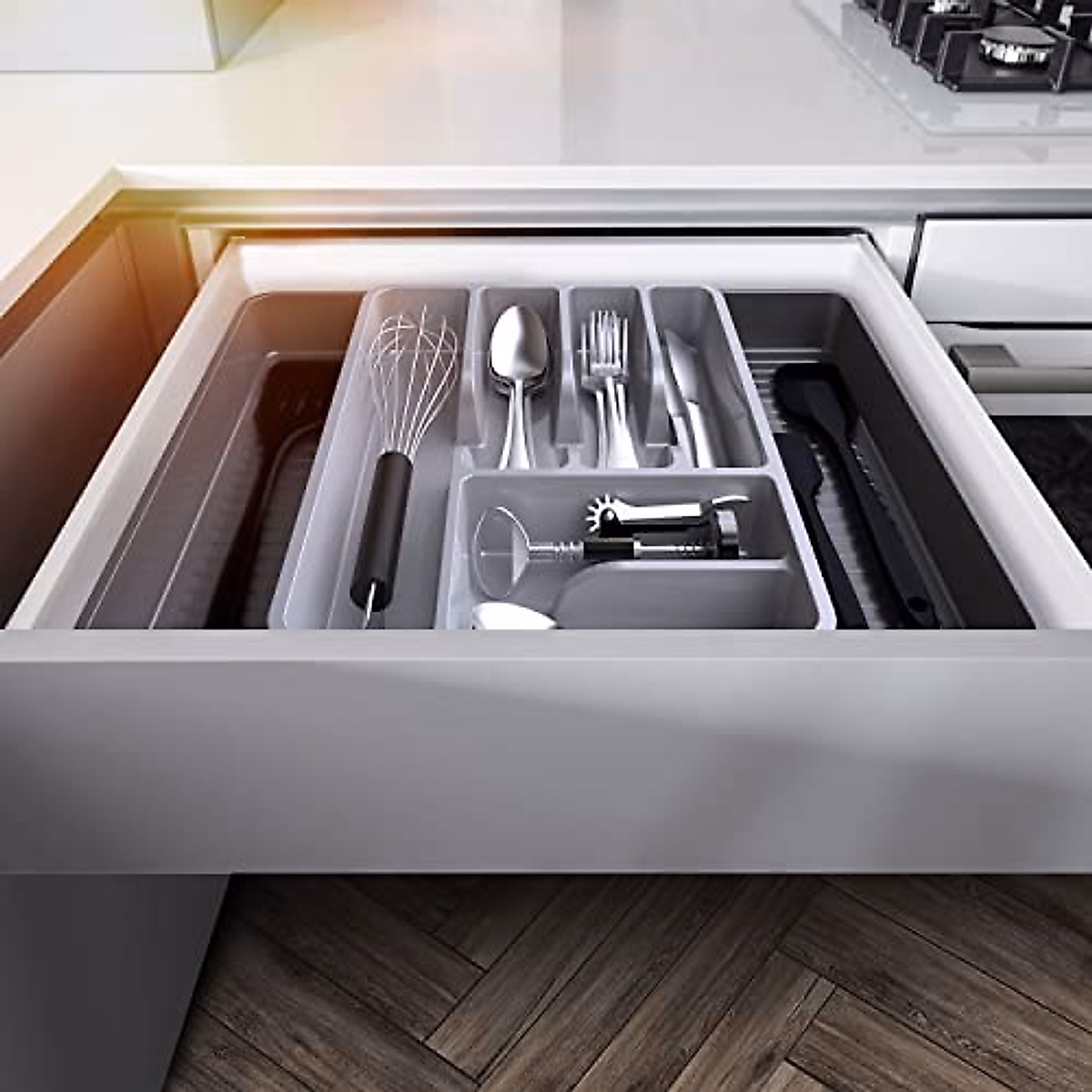 Mueller Large Flatware Kitchen Drawer Organizer, Expandable 19.7" x 15" Silverware Organizer, 6 Compartments, Heavy-Duty, Cutlery Tray for Utensils or Stuff, Dining Room, Living Room, Grey