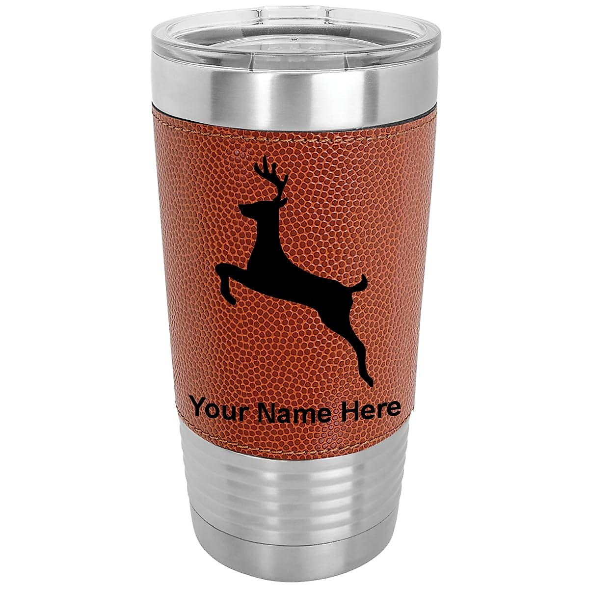 LaserGram 20oz Vacuum Insulated Tumbler Mug, Deer, Personalized Engraving Included (Faux Leather, Basketball Style)