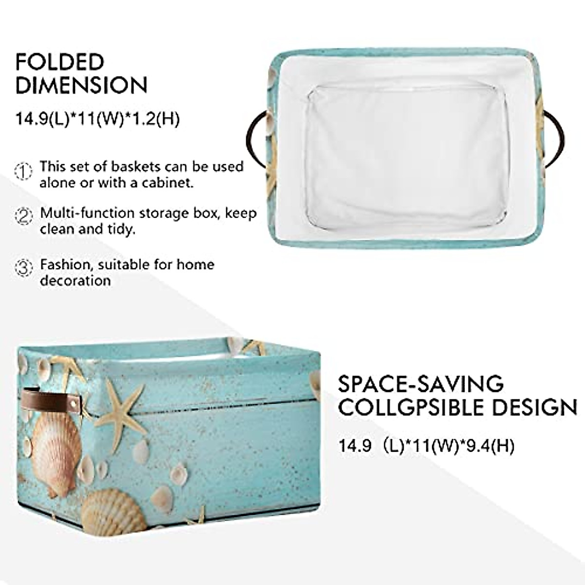 Canvas Storage Basket Beach Board Seashell Starfish Storage Bins Collapsible Organizer with Handles for Cupboards Shelves Nursery Wardrobe Clothes Toys Laundry Children Room