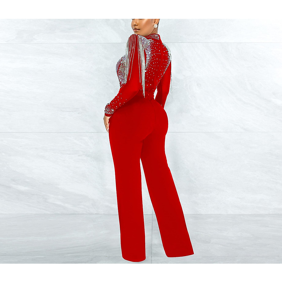 Molilove Women's Sexy Jumpsuit Elegant Long Sleeve Bodycon Sheer Mesh See Through Rhinestone Casual Loose Jumpsuits