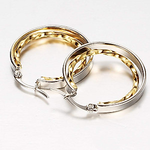 Stainless Steel Two-Tone Twisted Circle Hoop Earrings (Silver Gold)