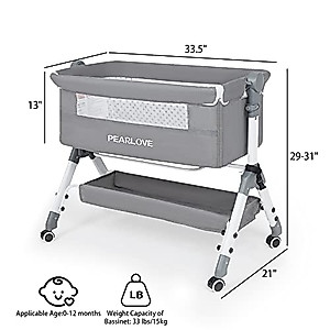PEARLOVE Baby Bassinet Bedside Sleeper, Bedside Bassinet for Baby, Easy Folding Baby Crib with Storage Basket, Adjustable Height, Soft Mattress & Wheels, Bassinet Bedside Sleeper for Newborn Babies