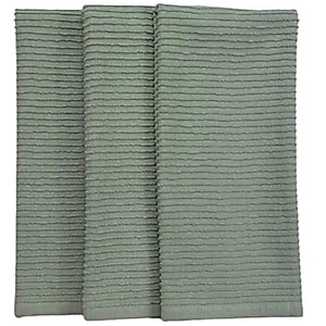 Sage Green Kitchen Dish Towels 100% Cotton Cloth Soft Cleaning Drying Absorbent Terry Ribbed Loop: Set of 3 Multipurpose for Everyday Use