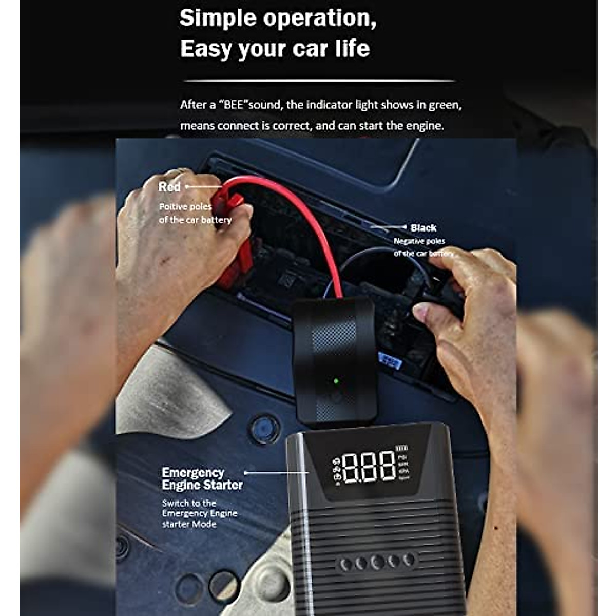 Usetify Car Battery Jump Starter with Tire Inflator Air Compressor Air Pump Inside [Fast Inflate 150PSI] [8800mAh Strong Power] for Car Motorcycle Bicycle Ball, 12V Emergency Auto Battery Booster