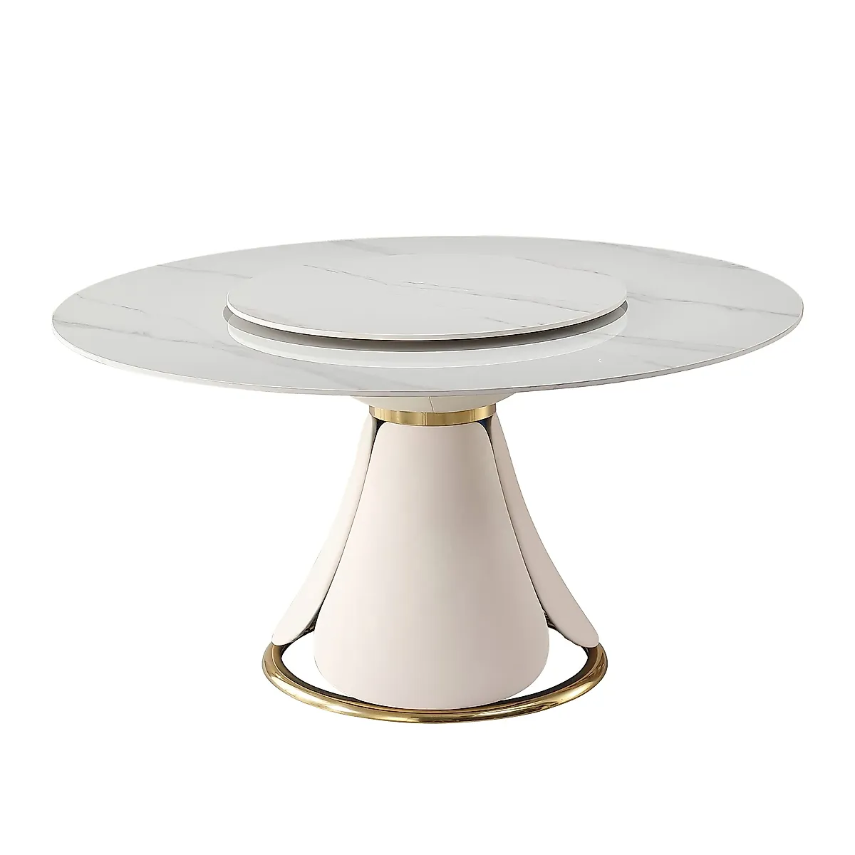 Voohek, Beige 59" Modern Sintered Stone Dining Table with Round-Shaped Metal Exquisite Pedestal Base and 31.5" Turntable, for Home, Kitchen, Living Room