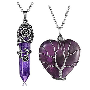 Top Plaza Bundle - 2 Items: Natural Crystal Amethyst Antique Silver Flower Necklace & Tree of Life Wire Wrapped Heart Shape Stone Pendant Necklace