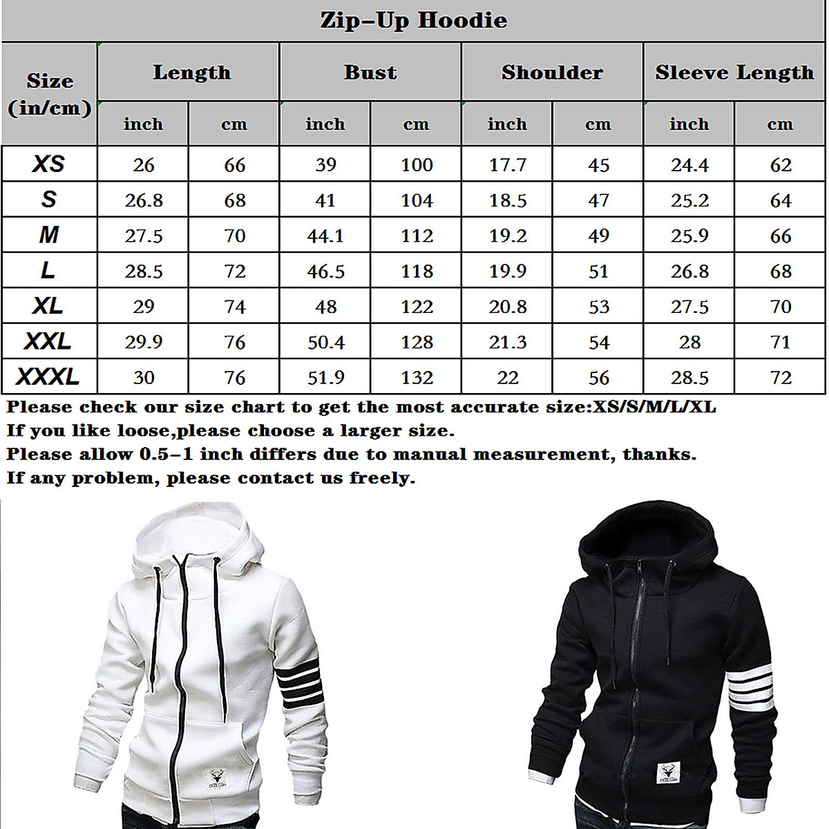 ZUEVI Men's Casual Striped Drawstring Hooded And Zipper Closure Hoodies Slim Fit Lightweight Sweatshirt(WHITE-M)
