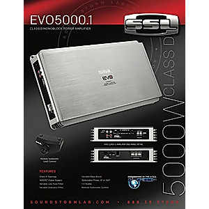 Sound Storm Laboratories EVO5000.1 EVO 5000 Watt 1 Ohm Stable Class D Monoblock Car Amplifier with Remote Subwoofer Control