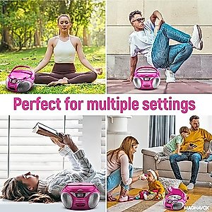 Magnavox MD6924 Portable Top Loading CD Boombox with AM/FM Stereo Radio in Black | CD-R/CD-RW Compatible | LED Display | AUX Port Supported | Programmable CD Player | (Pink)