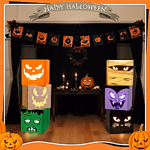 Zhanmai 6 Pcs Halloween Party Decoration 11.8 Inch Large Halloween Decorative Boxes with String Light Jack O Lanterns Blocks Halloween Luminous Box Halloween Lantern Box for Halloween Decor(Classic)