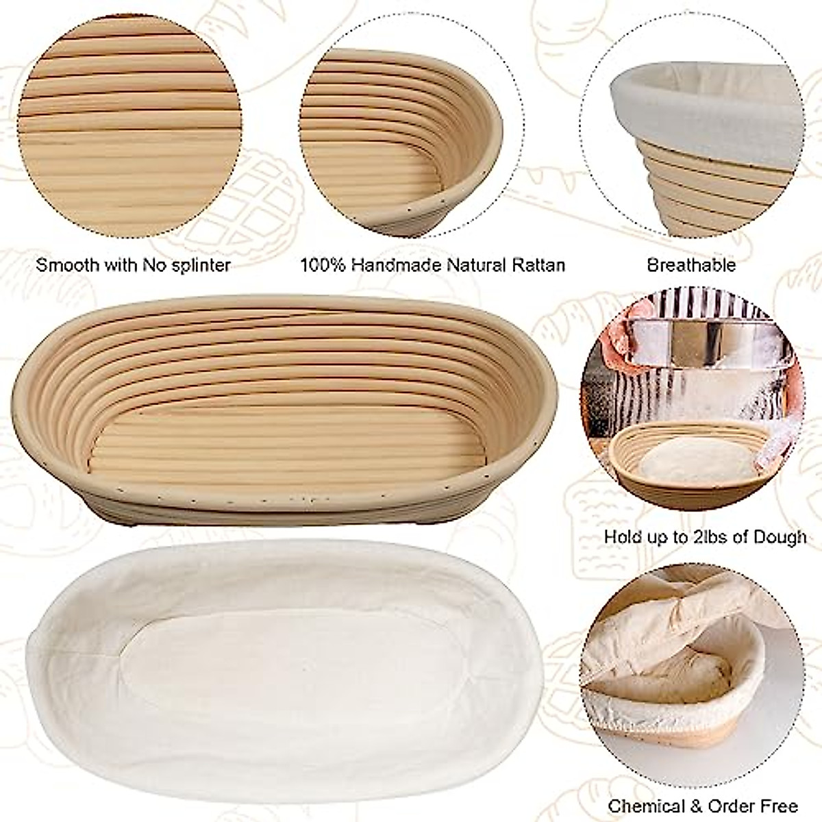 Unihopper 10 Inch Oval Bread Proofing Basket Set of 2 with Linen Liner, Dough Scraper, Basting Brush and Flouring Stencils Baking Supplies for Sourdough Bread Making Fermentation