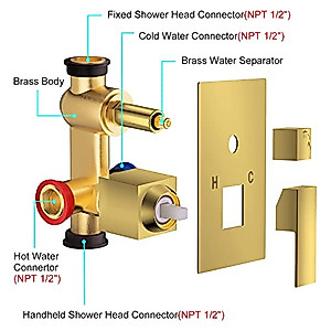 NERDON Shower System, 12 Inch Brushed Gold High Pressure Shower Head with Rain Handheld Combo Set, Ceiling Mounted Dual Shower Head System, Bathroom Shower Faucet Set Rough-in Valve Body and Trim