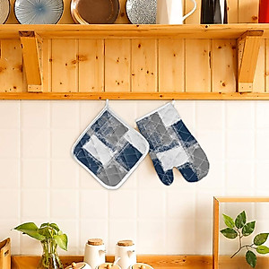 Kitchen Oven Gloves Abstract Paint Art Graffiti Lattice Oven Mitts Pot Holder Set Blue White Gray Hot Pad Sets for Kitchen BBQ Cooking Baking Grilling Heat Resistance 12 x 6 inch + 8 x 8 inch