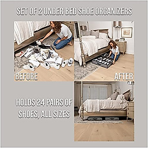 Under Bed Shoe Storage Organizer, Set of 2 for 24 Shoes - Slide This Sturdy Shoe Organizer Under Bed to Declutter & Save Space - 2 Underbed Storage Containers Come in Chic Gray with Clear Windows
