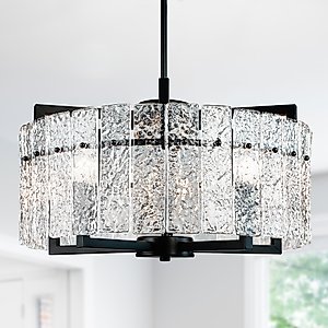 Modern Black Crystal Chandeliers for Dining Room, Luxury Water Ripple Glass Light Fixture, Elegant Farmhouse Round Lighting for Kitchen Island, Bar Table, D20
