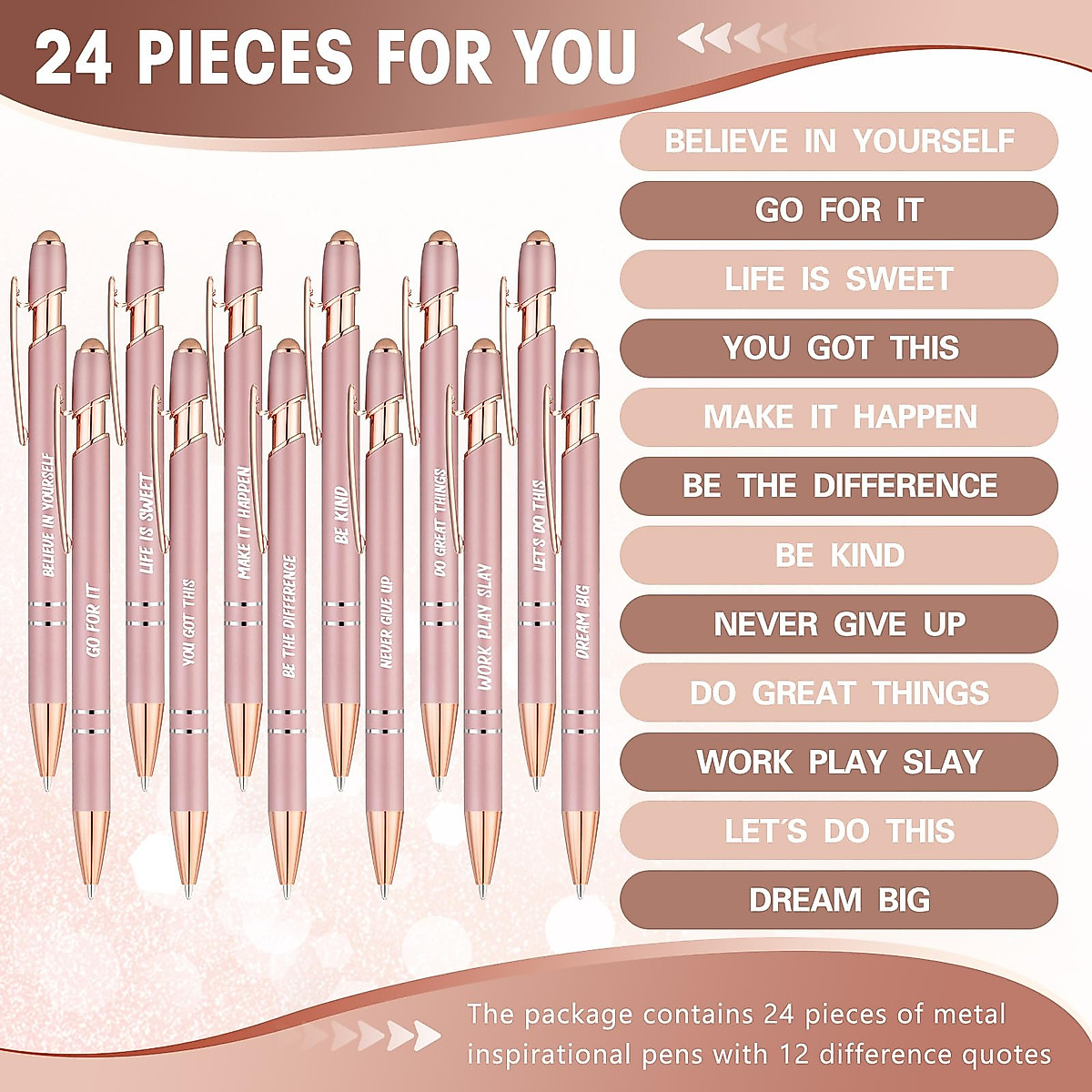 Yeaqee 24 Pcs Inspirational Ballpoint Pens Motivational Black Ink Retractable Quotes Pen with Stylus Tip Encouraging Message for Women Men Writing Office School Christmas Gift(Rose Gold)