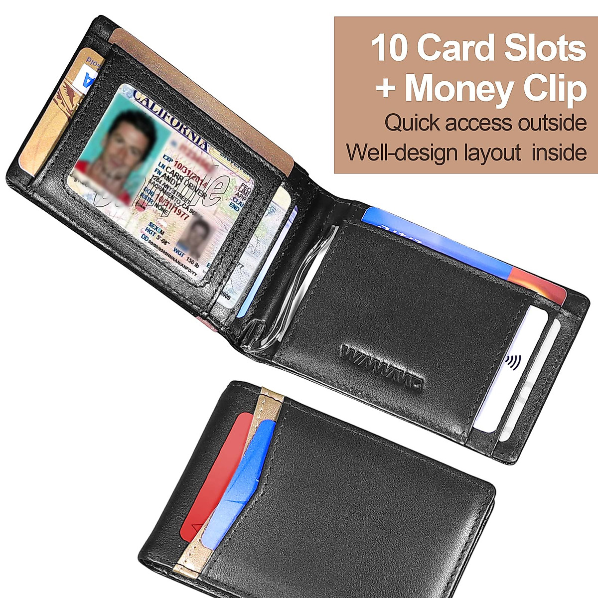 WINWANG Slim Wallet for Men with Money Clip Genuine Leather Minimalist Bifold RFID Blocking Front Pocket Wallet Present for Dad, Boyfriend, Husband.
