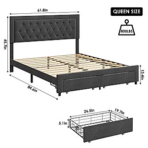 Keyluv Queen Bed Frame with 2 Storage Drawers and Adjustable Headboard, High-End Fabric Platform Bed with Button Tufted, Wooden Slats No Box Spring Needed/Easy Assembly, Dark Grey
