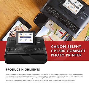 Canon SELPHY CP1300 Compact Photo Printer (Black) with WiFi and Accessory Bundle w/Canon Color Ink and Paper Set
