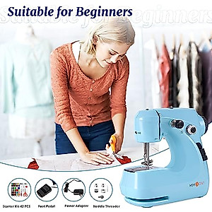 HTVRONT Mini Sewing Machine for Beginners - Portable Sewing Machine with Extension Table, Foot Pedal, Light, 42 Pcs Sewing Set, etc. Dual Speed Small Sewing Machine for Beginners and Kids