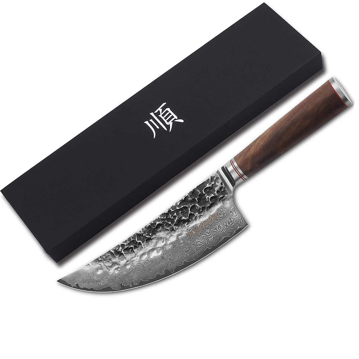 YOUSUNLONG Cleaver Knife 8 Inch（205mm） Butcher Knife Japanese Hammered Damascus Steel Natural Walnut Wooden Handle with Leather Sheath