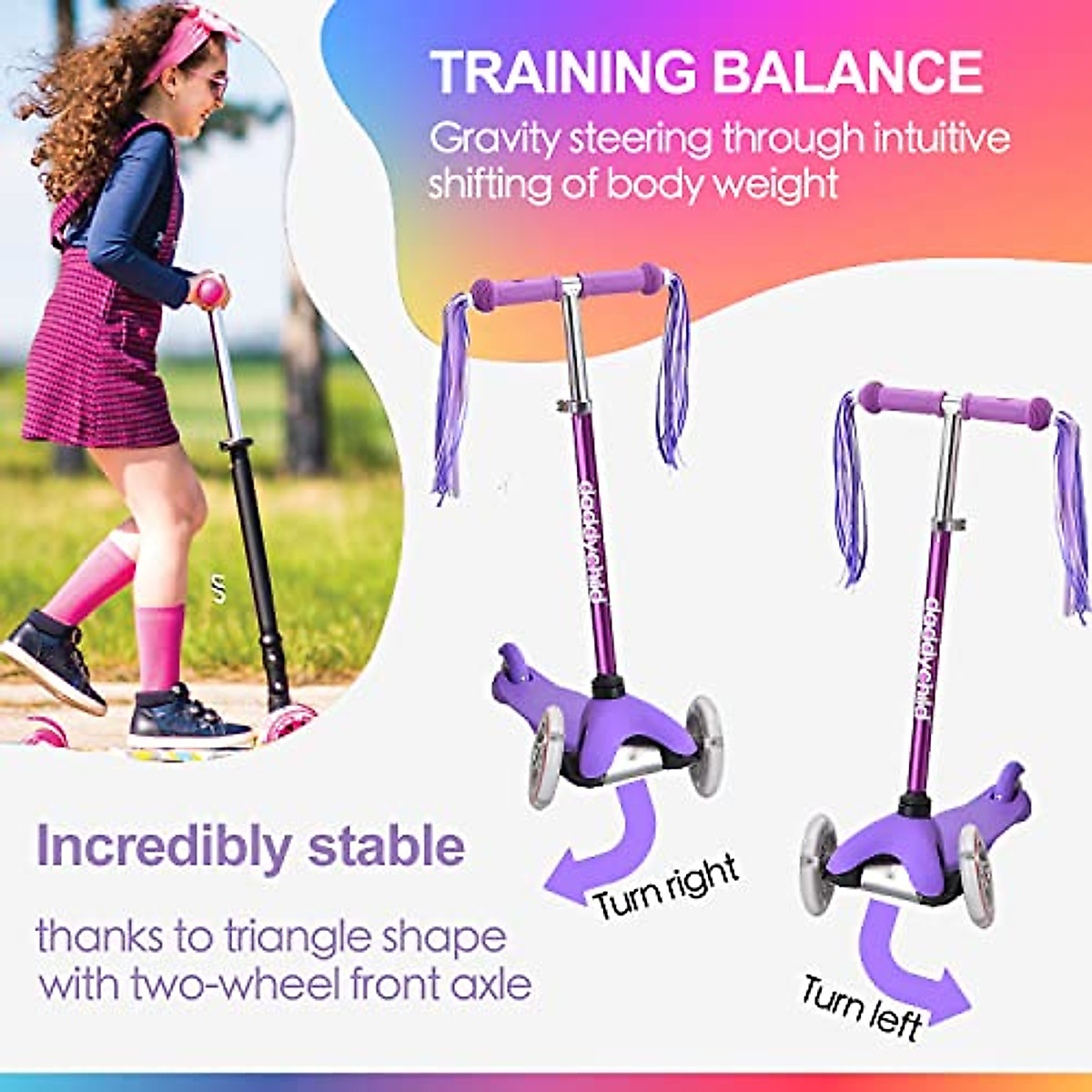 Kids Scooter - Toddler Scooter for Kids 3-6 Adjustable Height -3 Wheel Scooter for Kids Ages 3-5 Boys & Girls- Kids Three Wheel Scooter with Light Up LED Wheels Made for Stable Ride (Purple-Pro)