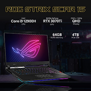 Asus ROG Strix Scar 15 Gaming Laptop, 15.6” QHD 240Hz Display, Intel Core i9 12900H, 64GB DDR5, 4TB SSD, NVIDIA GeForce RTX 3070 Ti, Per-Key RGB Keyboard, Wi-Fi 6E, Black, Win 11, 32GB USB Card