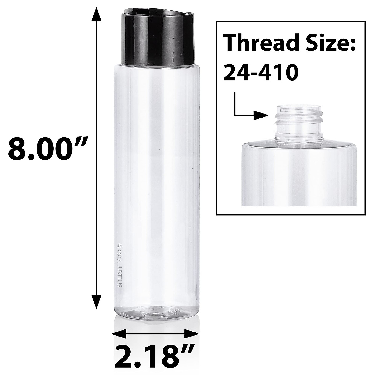 JUVITUS 12 oz Professional Clear Cylinder PET Plastic Bottles Wide Black Disc Cap (6 Pack) BPA Free Refillable Empty Storage Containers