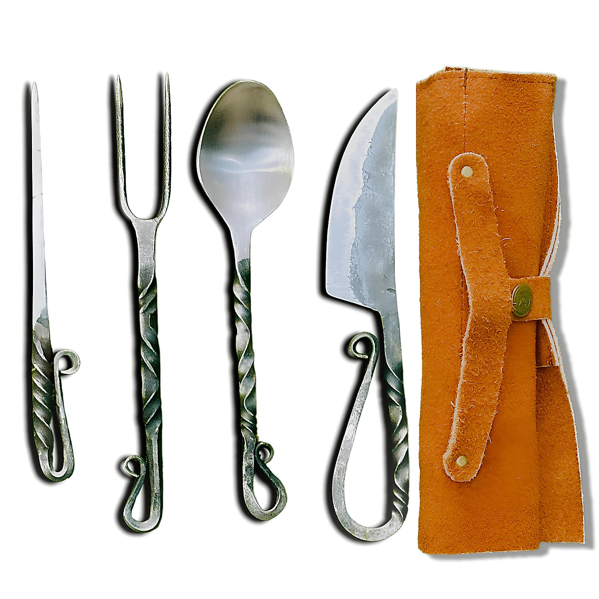Hand Forged Medieval Eating Utensils Set with Leather Cover - 4 PCS Viking Cutlery Set Fork Spoon and Knife Set - Medieval Feasting Silverware and Flatware Set