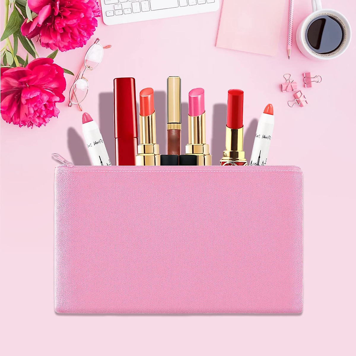 12 Pack Canvas Pencil Pouch, Multipurpose Blank Cotton DIY Craft Zipper Bag for Makeup Travel Stationary Storage with 12 Handmade Colorful Tassels