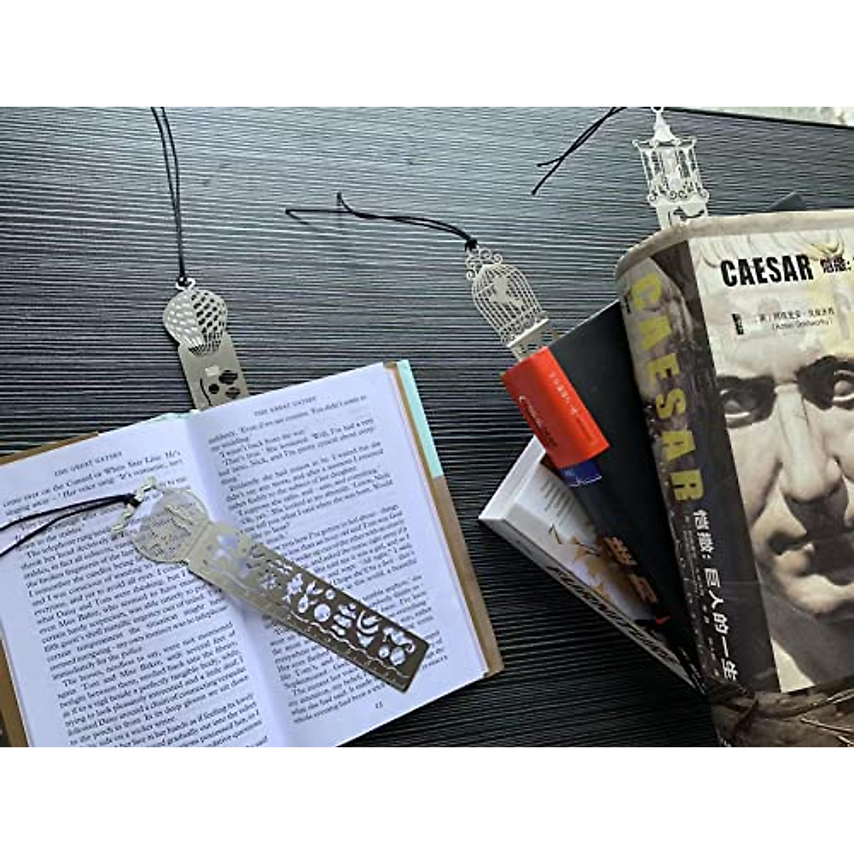 4 Pcs Hollow Metal Bookmark Phineon Carousel Birdcage Fish Tank Book Marks with Braided Tassel Pendant for Kids Students Children Boys Girls