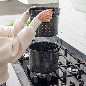 Granite Ware 3 -in-1 Stock Pot - Enameled Steel Pot Ideal for Pasta, Tamales & Canning - Speckled Black Multi Use Pot Set (8 Quarts)