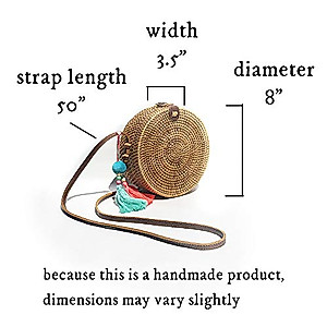 Handwoven Round Rattan Bag, Leather Shoulder Strap, Two Pocket Boho Bali Wicker Crossbody Handbag