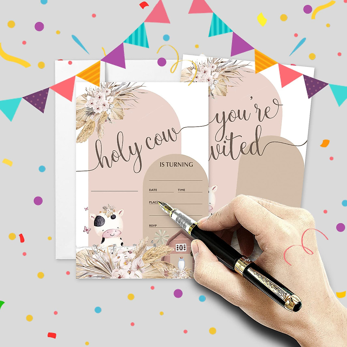 AEHIE Holy Cow Birthday Party Invitations, Multicolor, 20 Cards with Envelopes
