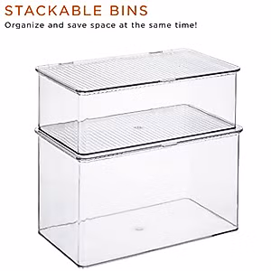 Sorbus Pantry Storage with Lids- Clear Plastic Refrigerator Bins- MultiPurpose & Versatile Stackable Cabinet Organizers- Cosmetics, Office Supplies, Food Organizer- 2 Pack (L,M)