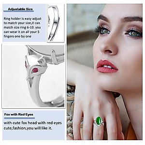 MYLYAHY S925 Sterling Silver Natural Solid Onyx Stone Ring for Women,Cubic Zirconia Eyes Fox/Flower Engraved Agate Stone Rings for Women,Adjustable Handmade Women Turkish Ring Jewelry (Fox_B)