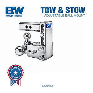 B&W Trailer Hitches Chrome Tow & Stow Adjustable Trailer Hitch Ball Mount - Fits 2" Receiver, Tri-Ball (1-7/8" x 2" x 2-5/16"), 5" Drop, 10,000 GTW - TS10048C