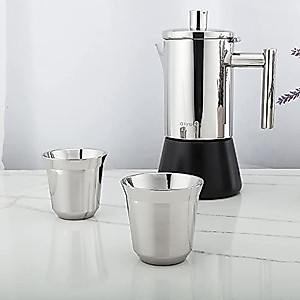 Easyworkz Pedro Stovetop Espresso Maker, Bundled With Stainless Steel Espresso Cup 2pcs Set Double Wall Insulated Metal Demitasse Cups, Silver