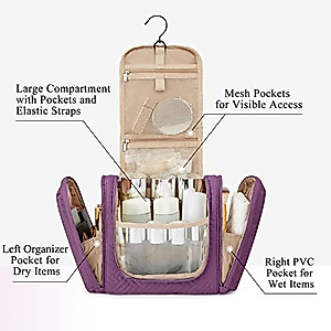 BAGSMART Travel Toiletry Bag for Women, Hanging Toiletry Bag with Hook, Travel Cosmetic Makeup Bag Travel Organizer for Accessories, Shampoo, Full Sized Container, Toiletries,Purple-Medium
