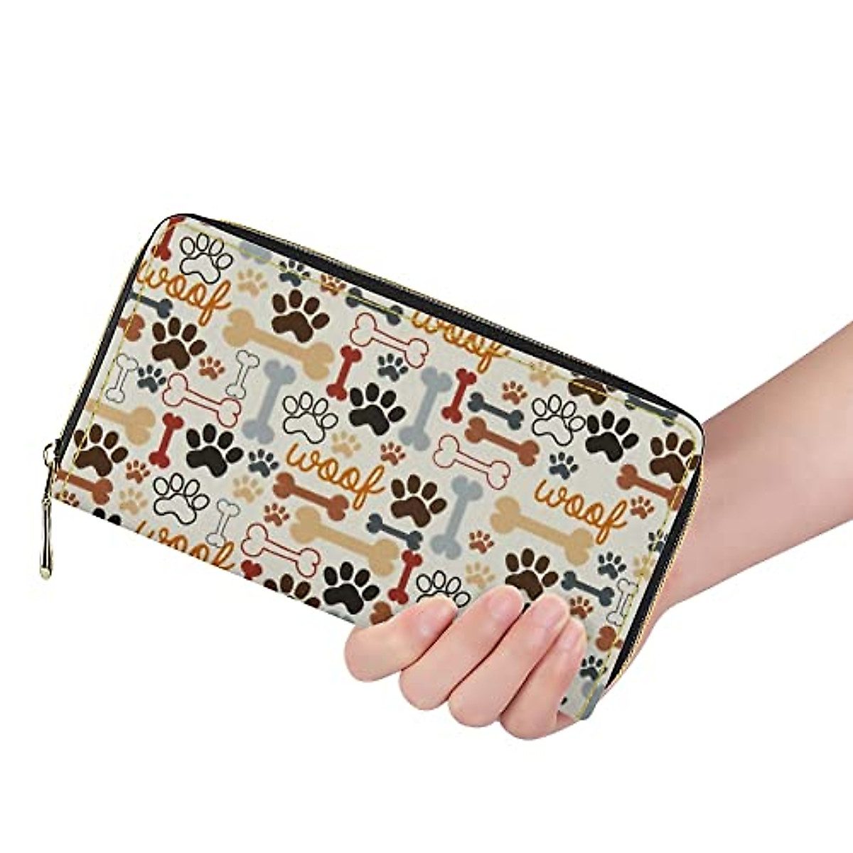 Brown Red Bone with Dog Paw Printed Women Travel Wallet, PU Leather Purse Coin Bag, Lovely ID Card Holder for Women