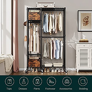 Memobarco Clothing-Rack, Heavy Duty Rolling Clothes-Rack, 4 Tiers Wire Shelving Garment Rack with 3 Hanging Rods & 2 Storage Drawers, Freestanding Portable Closet Wardrobe Clothes Organizer, Black